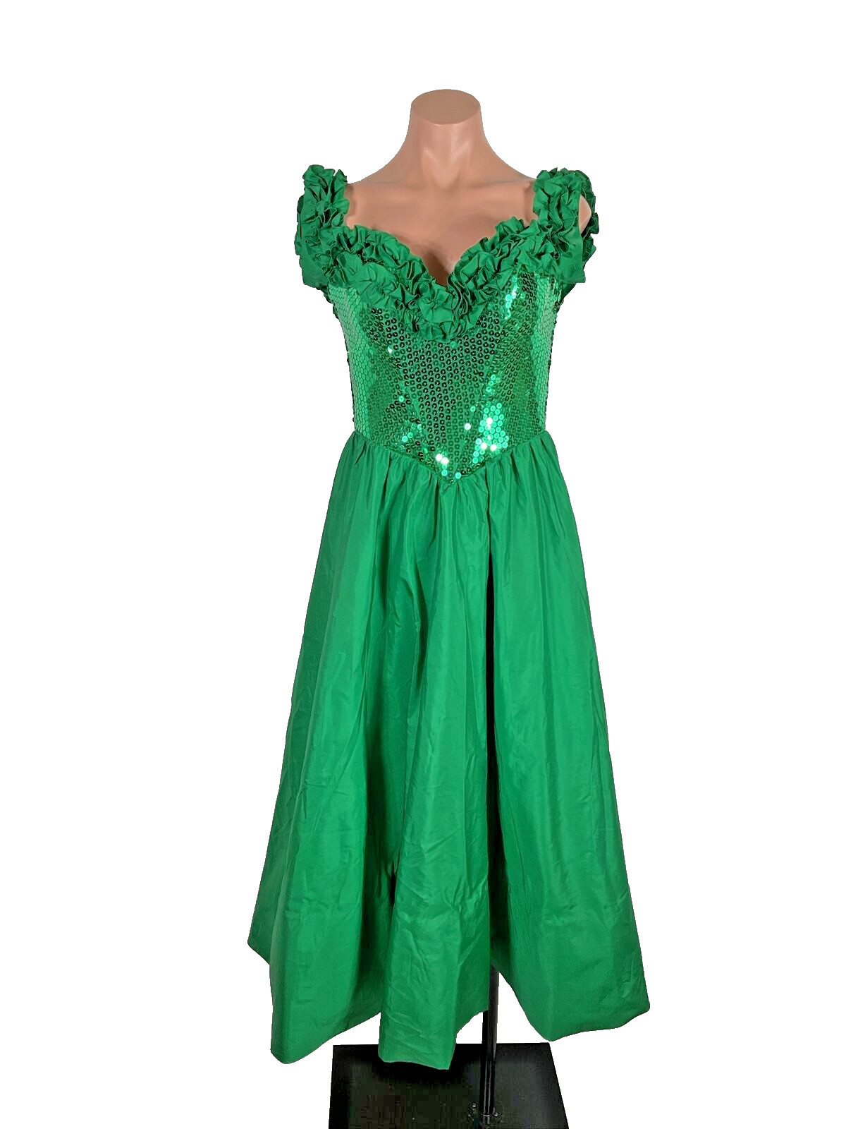 80s Green Sequin and Ruffle Prom Dress Croset Off Sho… - Gem