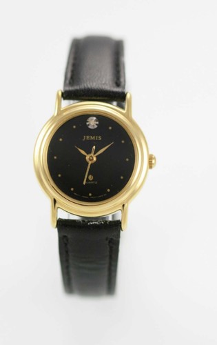 Jemis Black Womens Stainless Steel Gold Black Leather Quartz Battery ...