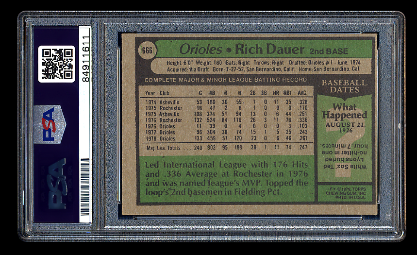 RICH DAUER SIGNED 1979 TOPPS PSA/DNA AUTOGRAPHED BALTIMORE ORIOLES HOF ...
