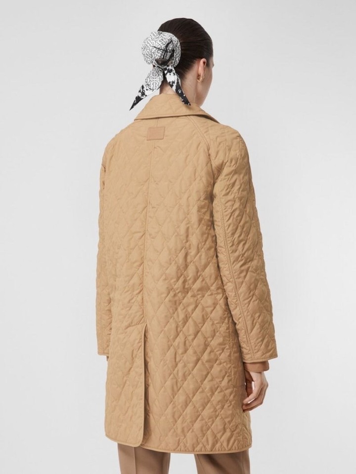 BURBERRY Tything Diamond Quilted Long Jacket Double Breasted in Biscuit ...