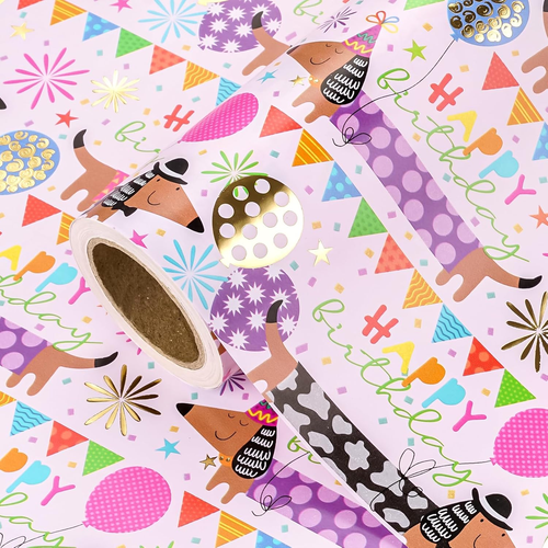Dog Birthday Wrapping Paper - Mini Roll - 17 Inch X 16.5 Feet - Gold ...