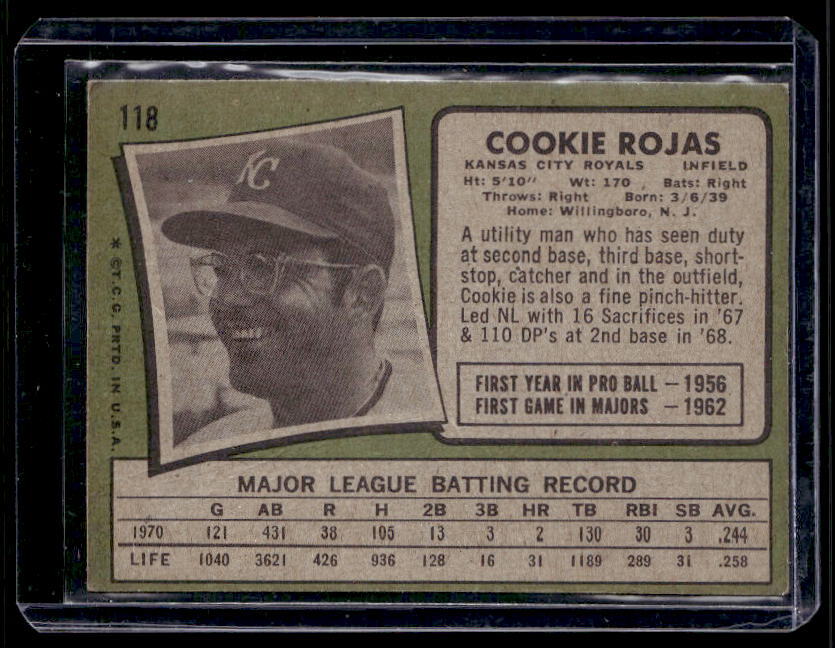 1971 Topps #118 Cookie Rojas Kansas City Royals VG-EX Baseball Card ...