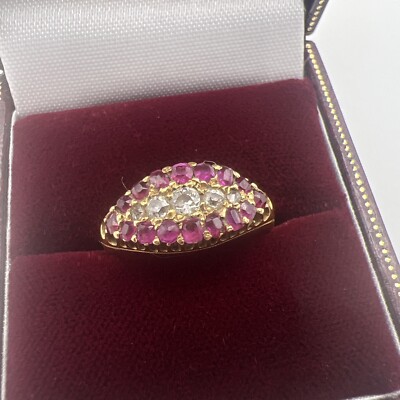 Antique 18ct Yellow Gold Old Mine Cut Ruby & Diamond Dress Ring (Size M ...