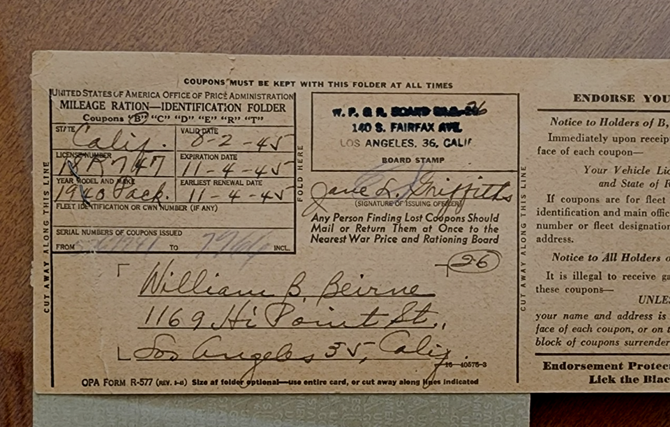 26 Vintage World War 2 B8 Mileage Gas Ration Stamps + Ration Card 1940 ...