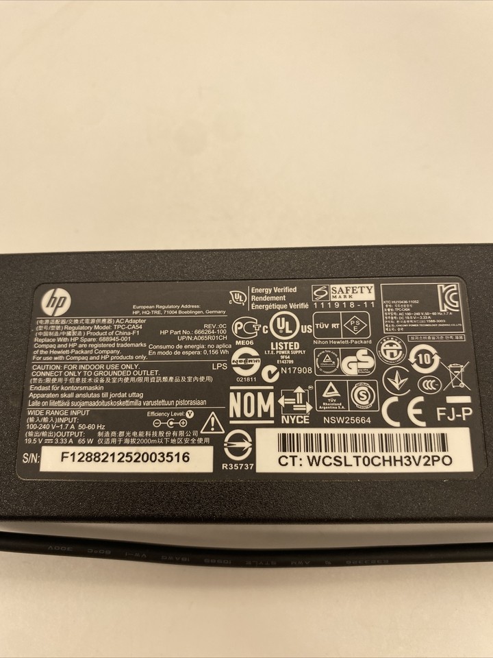 HP AC Adapter Power TPC-CA54 65W 19.5V 3.3A Thin Client T510 T520 T610 ...