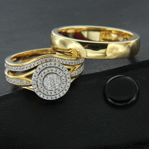 Yellow Gold Finish His Her Simulated Diamond Trio Set Bridal Engagement ...