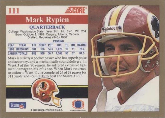 1991 Score Mark Rypien #111 for sale | eBay