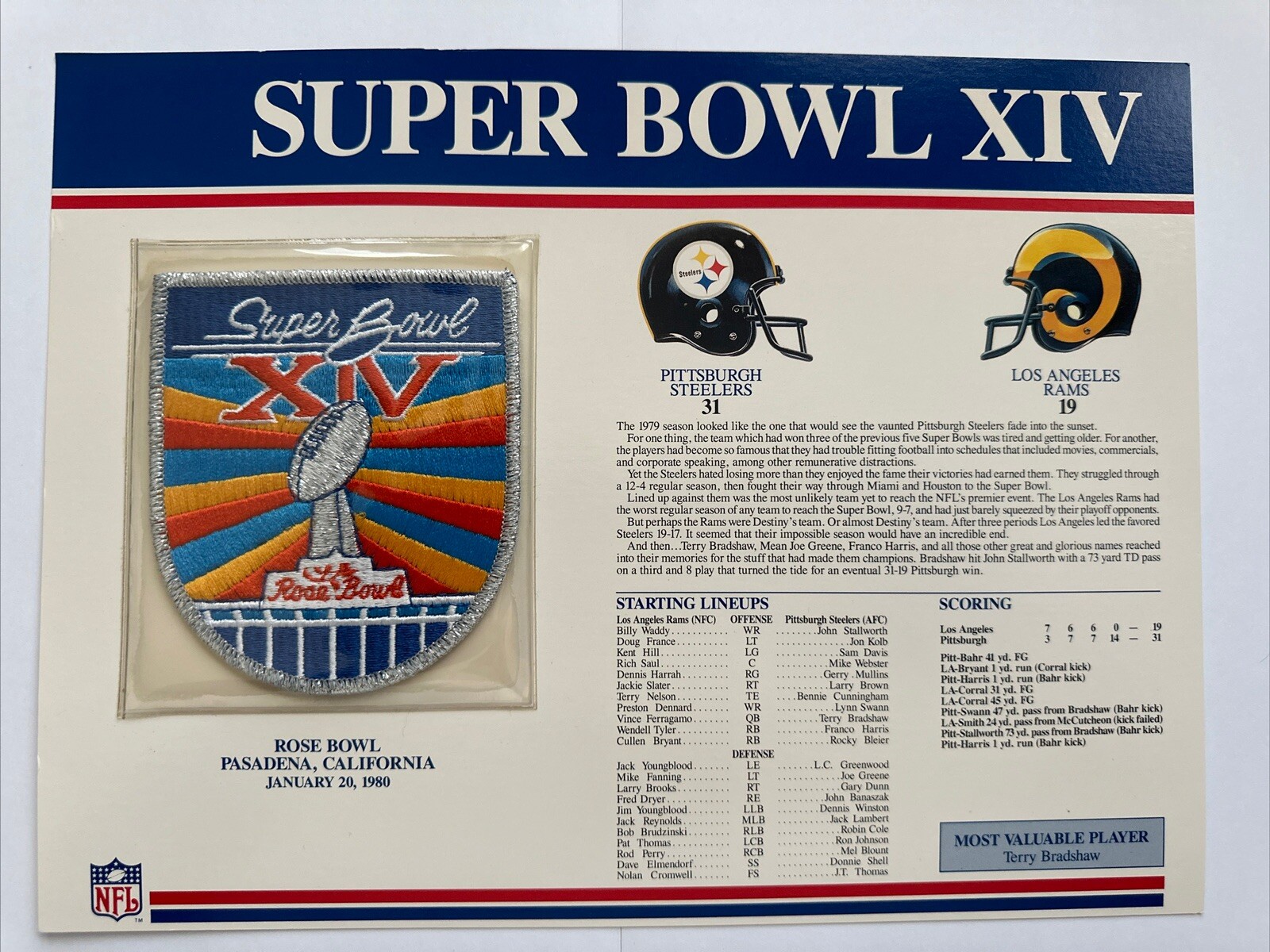 SUPER BOWL 14 Steelers vs Rams 1980 Willabee Ward OFFICIAL SB XIV NFL ...