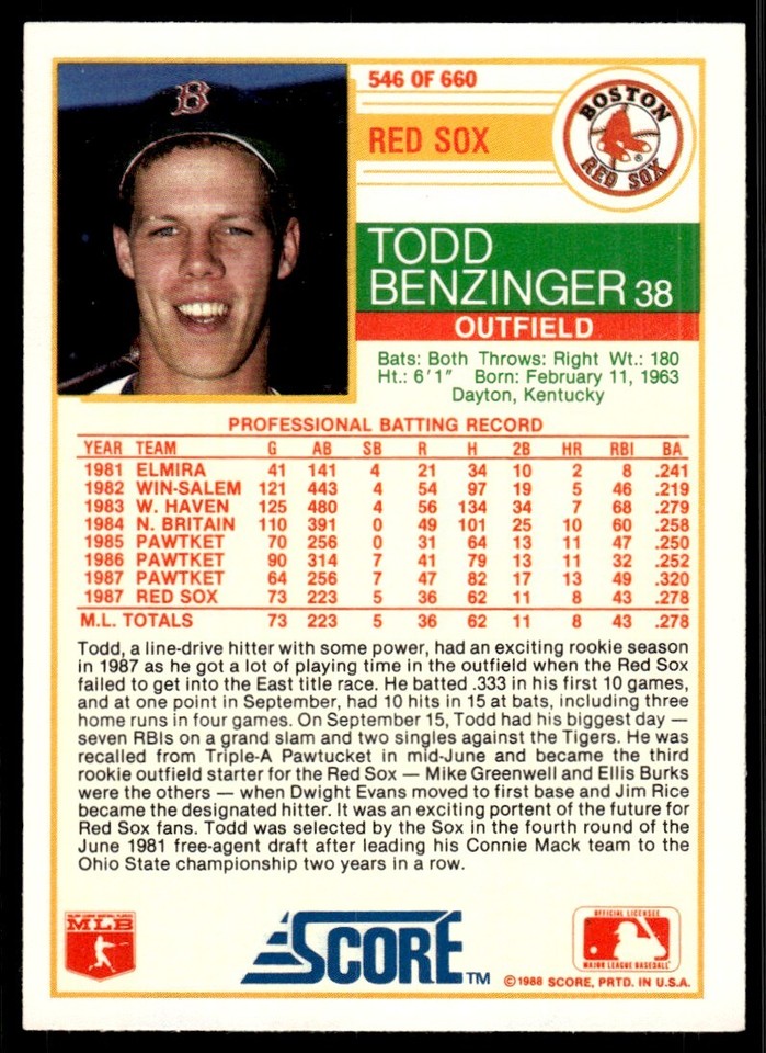 1988 Score Baseball Card Todd Benzinger Rookie Boston Red Sox #546 | eBay