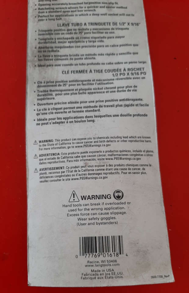 NEW Lang Tools 1/2"x 9/16" ROW-1618 Ratcheting Offset Box Wrench 6pt ...