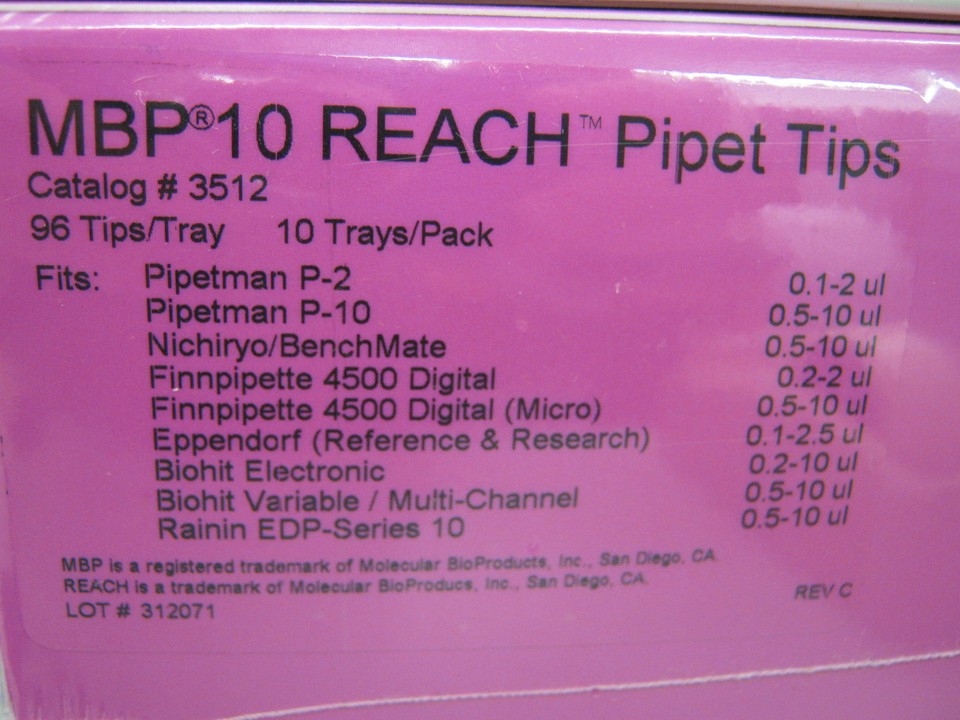 MOLECULAR BIO PRODUCTS MBP 10 REACH PIPET TIPS 3512 BOX OF 10 TRAYS OF ...