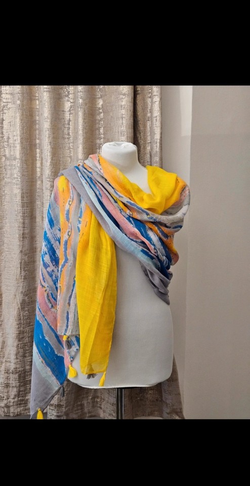 Summer Abstract Tassel Scarf Blue Yellow Oversized Beach Shawl Wrap ...