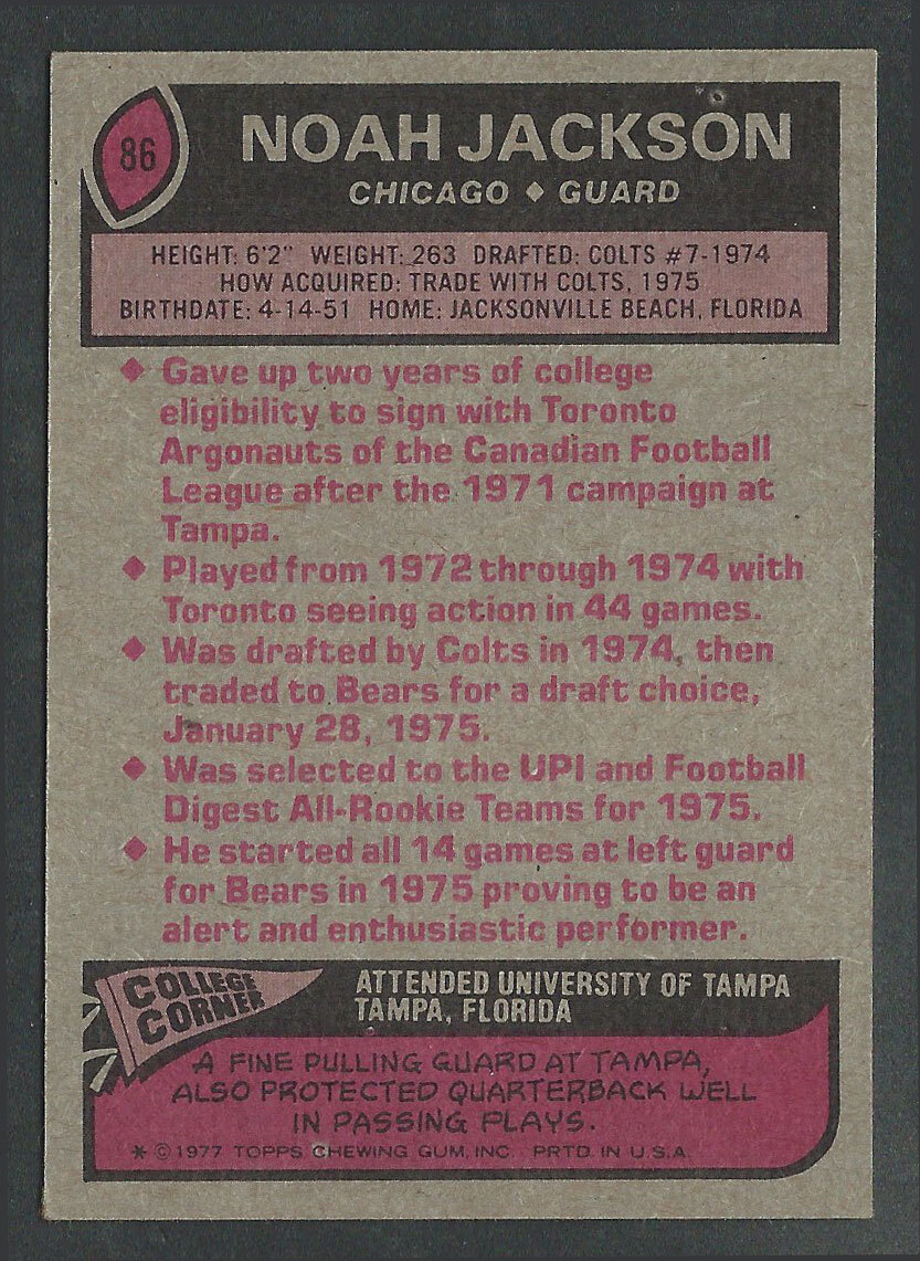 1977 Topps #86 NOAH JACKSON Chicago Bears ROOKIE - Crease Free 01 | eBay