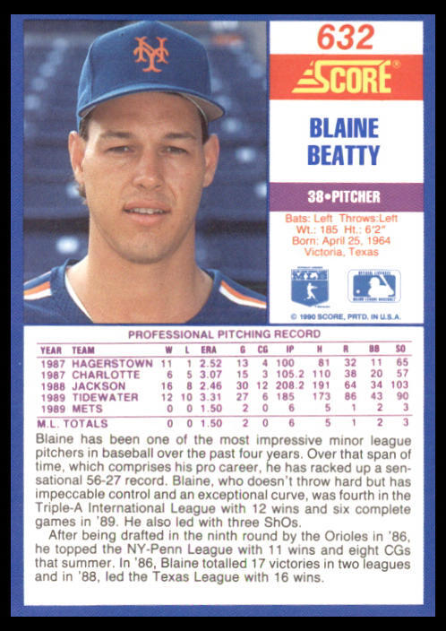 1990 Score #632 Blaine Beatty New York Mets Baseball Card | eBay