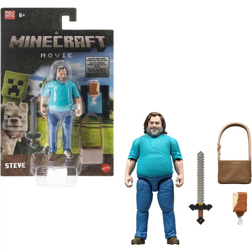 Minecraft Movie STEVE Jack Black w Iron Sword Satchel & Chicken Leg 4 ...
