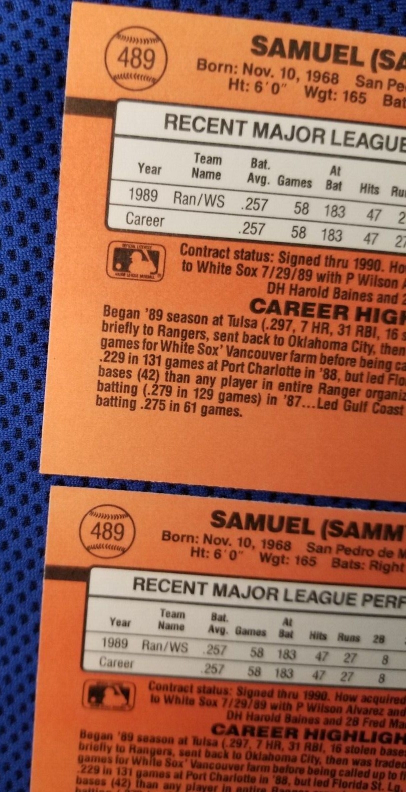 TWO 1990 Donruss Sammy Sosa double error cards Wrong DOB and no dot ...