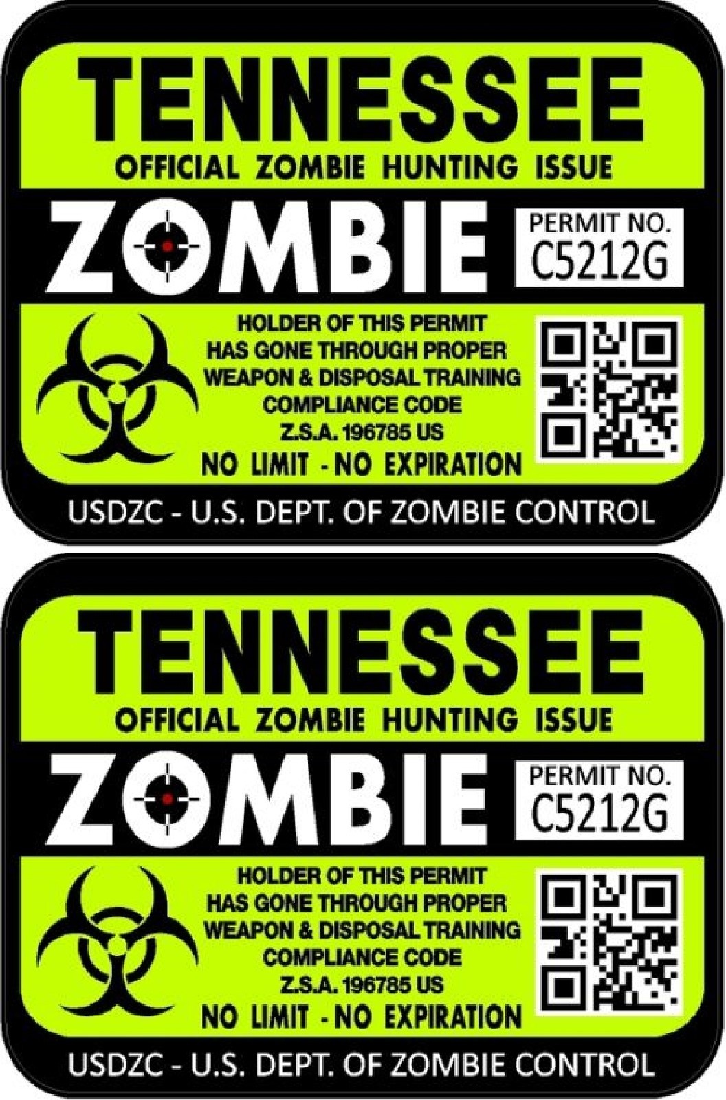 ProSticker 1252 (Two) 3"x 4" Tennessee Zombie Hunting License Decal ...
