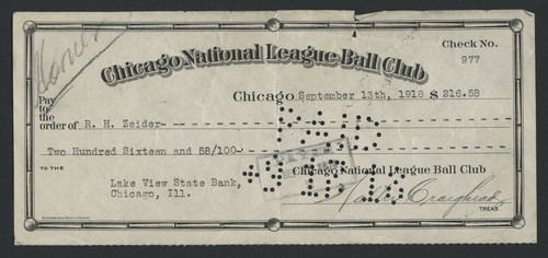 1918 ROLLIE ZEIDER Signed Chicago Cubs Baseball Payroll Check RARE | eBay