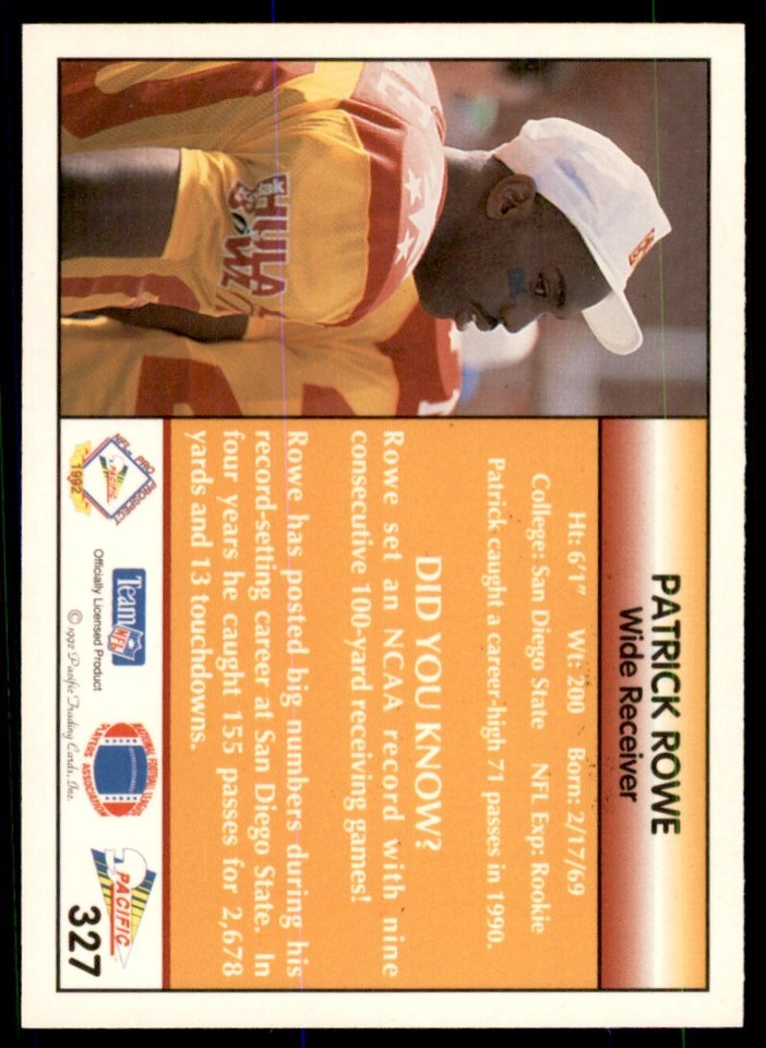 1992 Pacific Patrick Rowe Rookie San Diego State Aztecs #327 | eBay