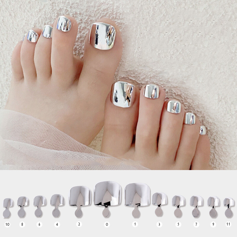 New Mirror Shiny False Toe Tips Metallic Silver 24 Full Cover Press On ...