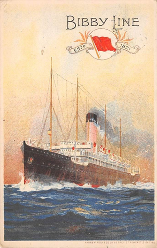 SHIP OF THE BIBBY LINE AT SEA ~ POSTER STYLE PC ~ used Paquebot Cancel ...