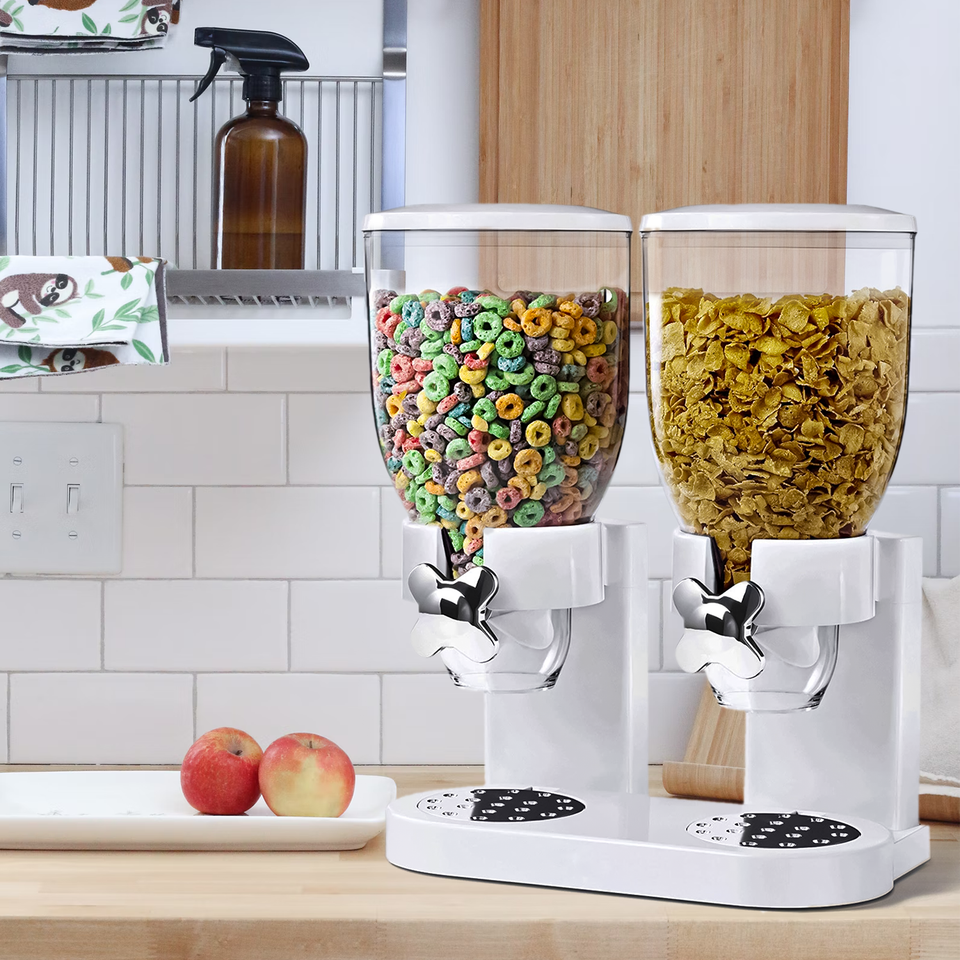 DRY FOOD STORAGE DOUBLE CEREAL DISPENSER PASTA CONTAINER MACHINE BLACK ...