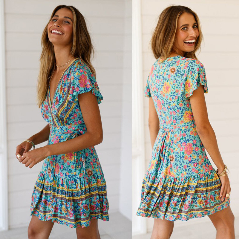 Women Summer Boho Short Mini Dress Evening Cocktail Party Beach Dresses ...