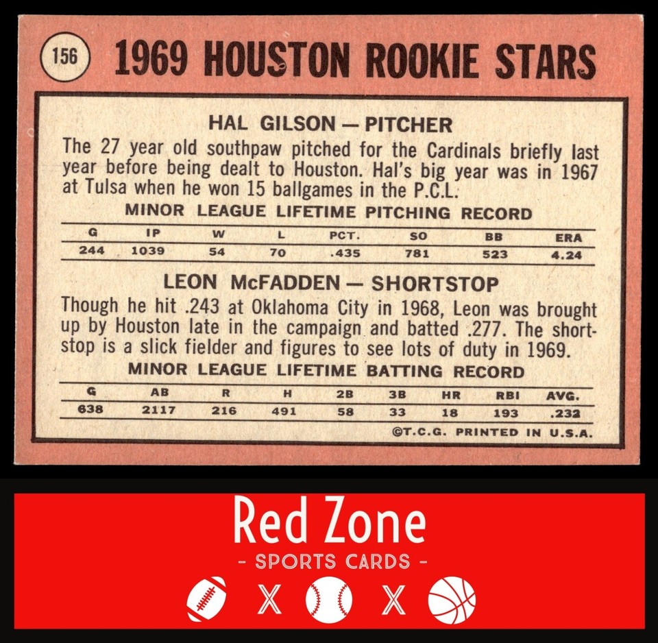1969 Topps - #156 Astros Rookies - Hal Gilson / Leon McFadden RC VG/EX ...