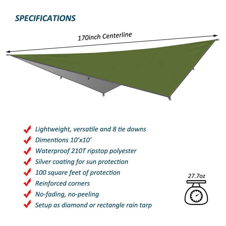 Waterproof Camping Rain Fly Tarp 10' Sun Shelter Hammock Tent Canopy ...