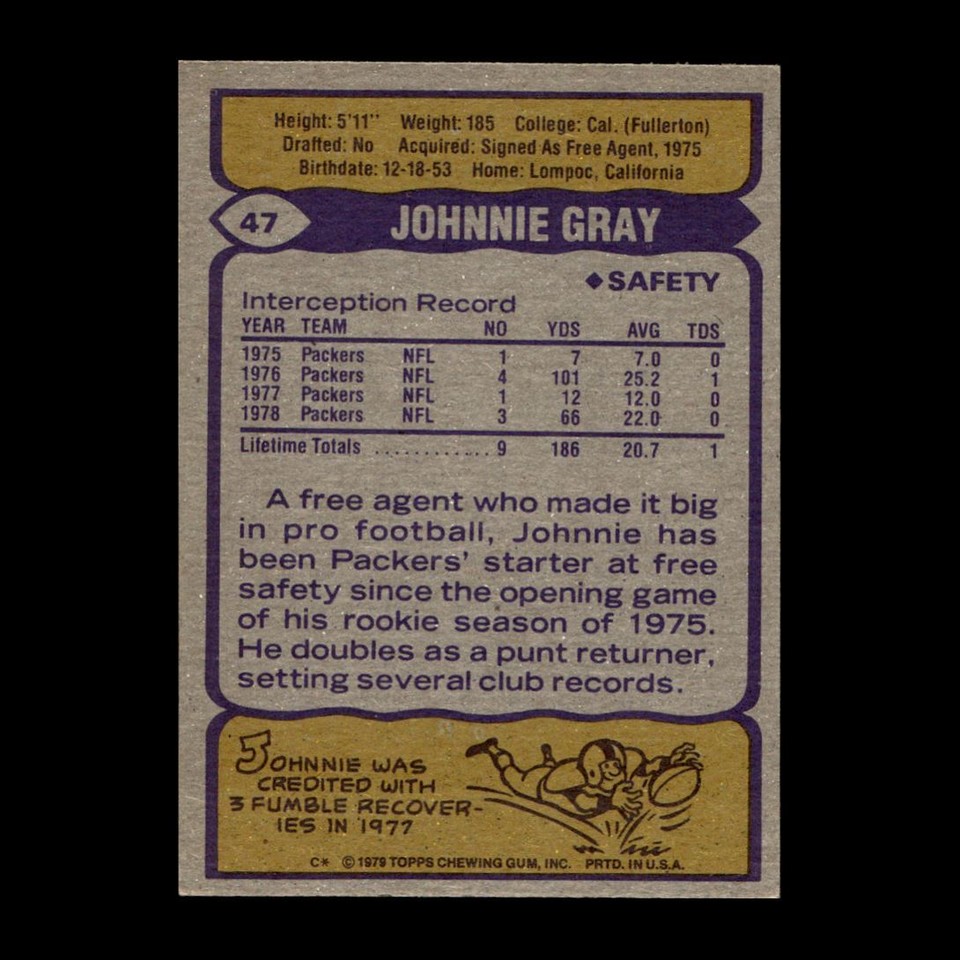 Johnnie Gray 1979 Topps Green Bay Packers #47 R309I 3 | eBay