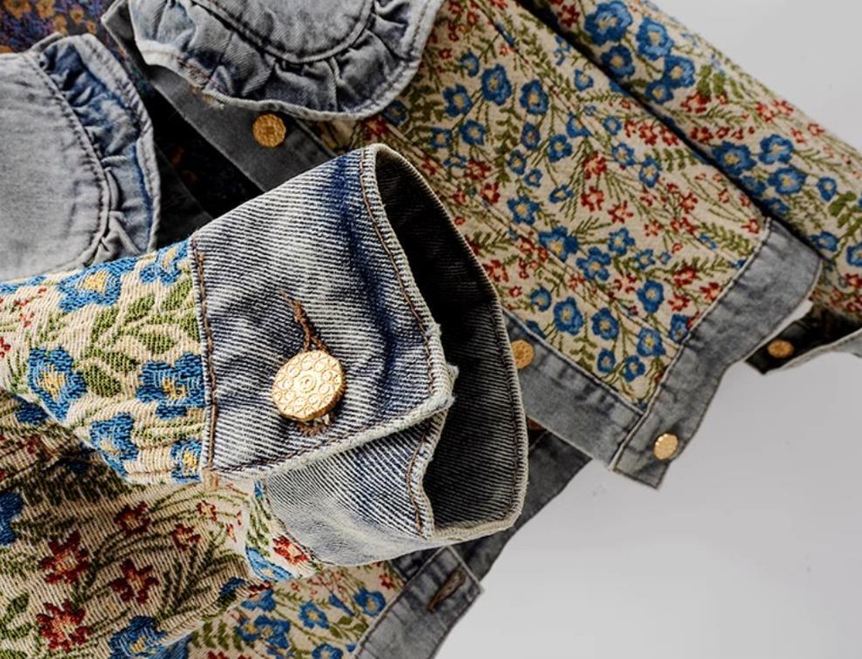 Women's Blue Denim Jean Jacket Big Lapel Collar Floral Decor Button ...