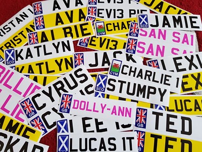 1 or 2 Personalised kids NUMBER PLATE stickers for child's ride On toy ...