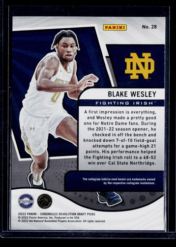 2022 PANINI CHRONICLES DRAFT PICKS REVOLUTION #28 BLAKE WESLEY ROOKIE ...