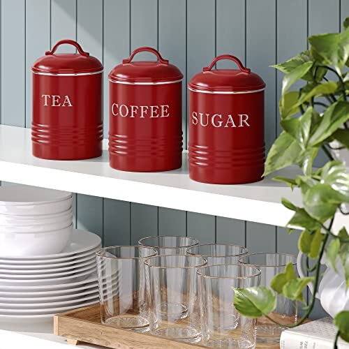 Red Canister Sets for Kitchen Counter, Vintage Country Rustic Farmhouse ...