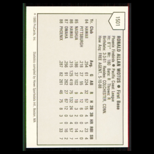 Ron Wotus #1501 1989 ProCards Minor League Team Sets Phoenix Firebirds ...