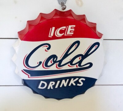 ICE COLD DRINKS Metal bottle cap sign 14.5" Vintage Hanging Sign | eBay