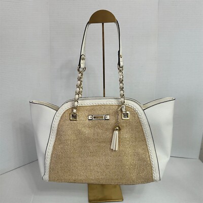 Jessica Simpson Tote Bag Straw Panel Chain Strap White Shoulder Bag ...
