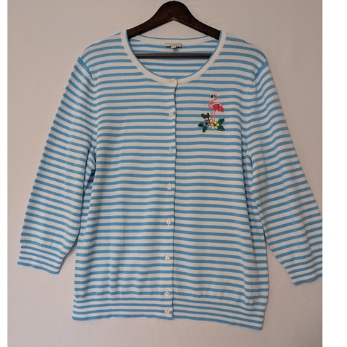 Talbots Blue White Striped Embroidered Pink Flamingo Cardigan Sweater ...