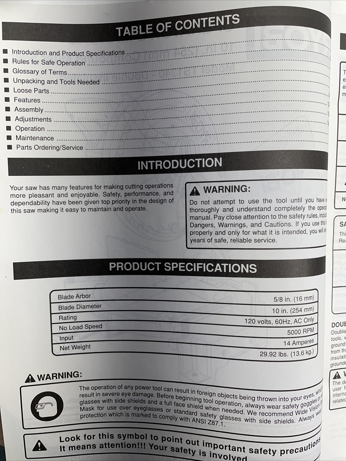 RYOBI TS1340 10" (254mm) Double Insulated Compound Miter Saw Operators ...