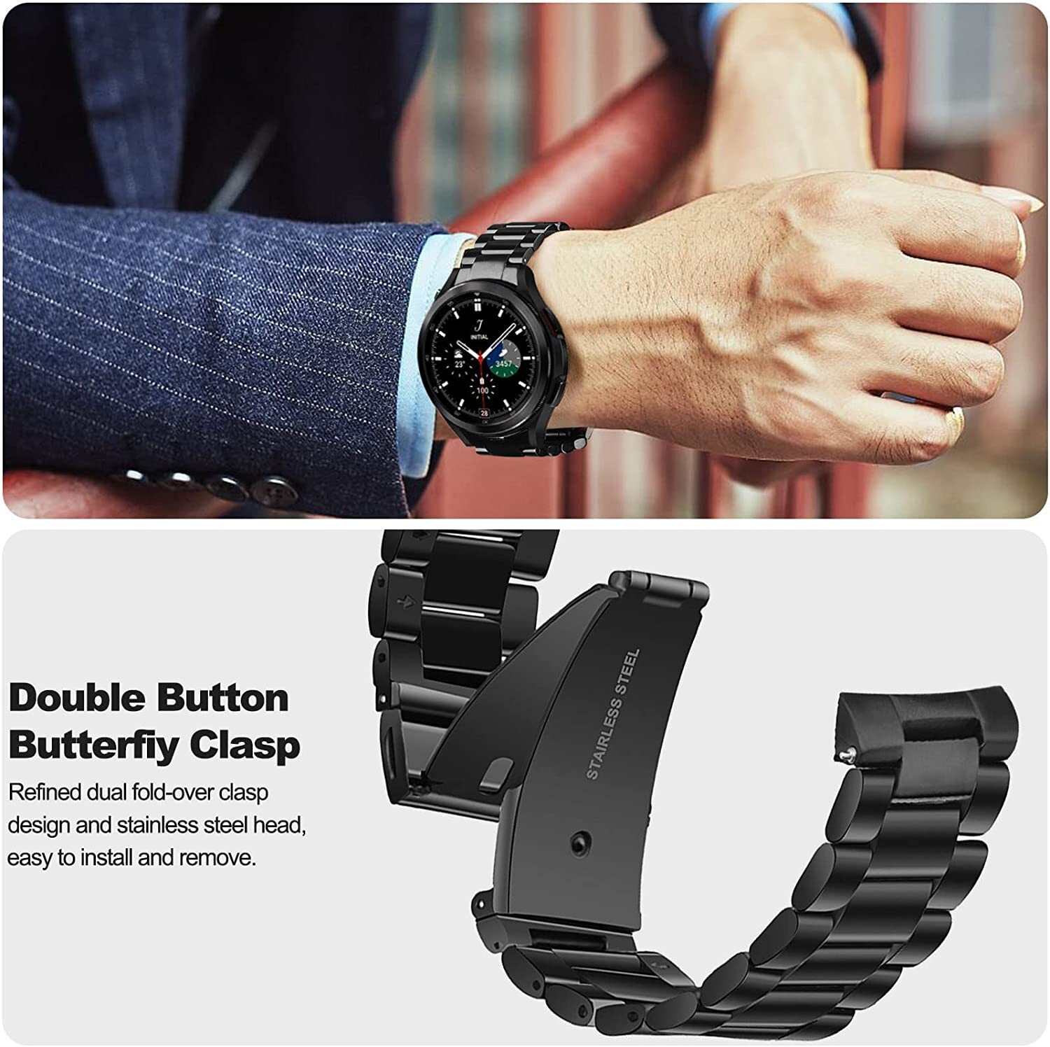 For Galaxy Watch 7 / FE Band No Gaps Solid Metal Stainless Steel Strap ...