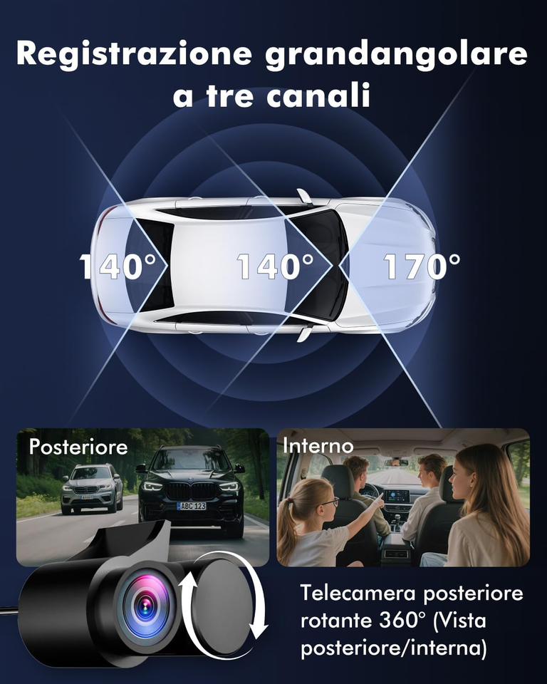 Dash Cam Auto 3 Canali, 4K UHD Anteriore + Full HD Posteriore + Interno ...