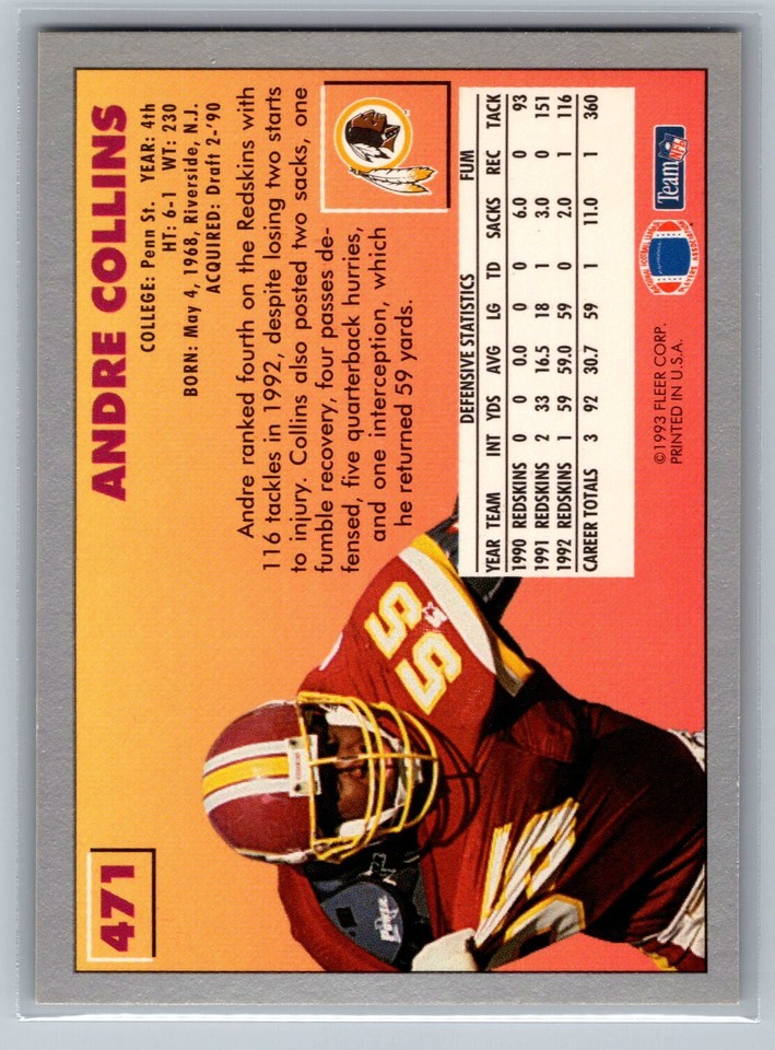 1993 Fleer Football #471 Andre Collins Washington Redskins | eBay