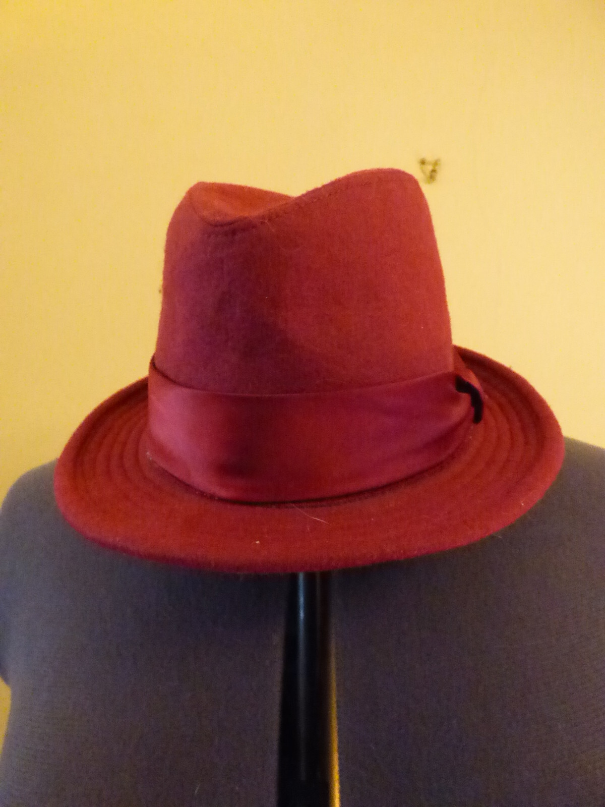 JOHN LEWIS Burgandy Red Fedora Hat Slim Brim Satin Band Cotton Lined ...