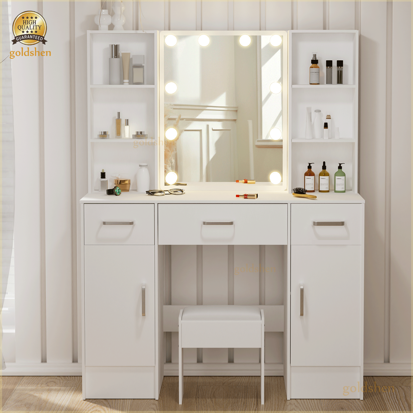 Large Makeup Table Vanity Desk Set With LED Lights Mirror & Stool ...