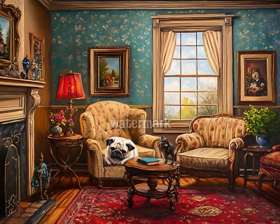 Victorian parlor with a Pug oil Painting 8x10 Print | eBay