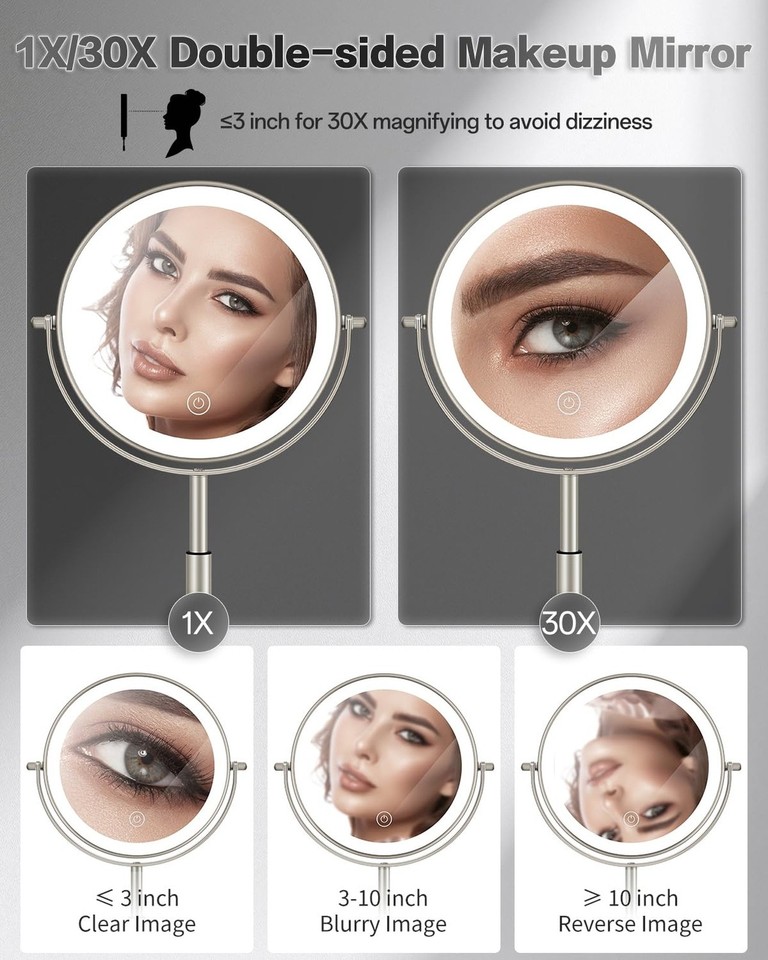 VFD 30X/1X Makeup Mirror with Lights, Height Adjustable Lighted ...