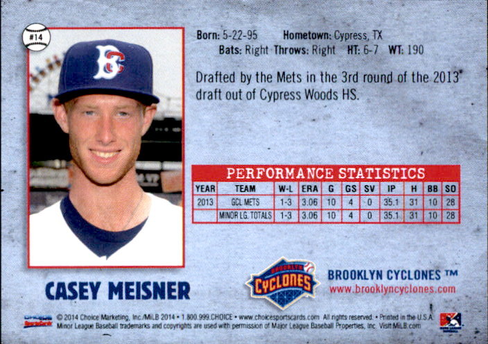 2014 Brooklyn Cyclones Choice #14 Casey Meisner Cypress Texas TX ...