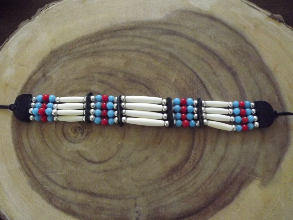 Native American Indian Turquoise Red Beads Buffalo Bone Choker Necklace ...