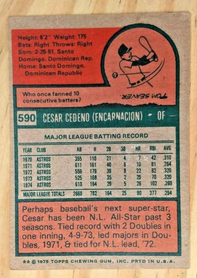 1975 TOPPS CESAR CEDENO CARD#590 HOUSTON ASTROS REDS CARDINALS DODGERS ...