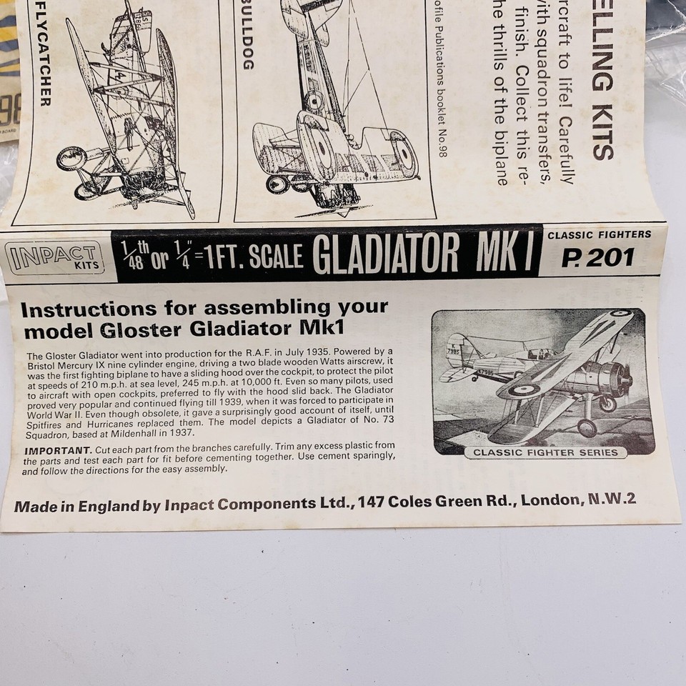 INPACT 1/48 GLOSTER GLADIATOR WW1 RAF BIPLANE FIGHTER KIT P201 New Open ...